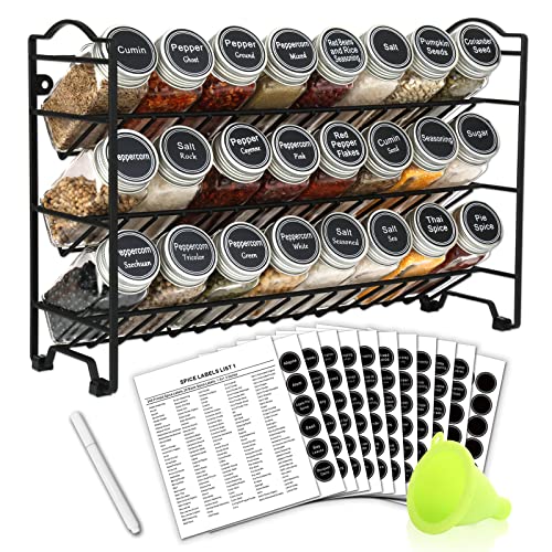 SWOMMOLY Spice Rack Organizer with 24 Empty Square Spice Jars, 396 Spice Labels with Chalk Marker and Funnel Complete Set, for Countertop, Cabinet or Wall Mount, Black