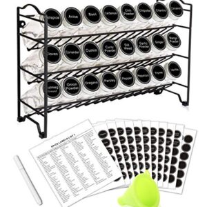 SWOMMOLY Spice Rack Organizer with 24 Empty Square Spice Jars, 396 Spice Labels with Chalk Marker and Funnel Complete Set, for Countertop, Cabinet or Wall Mount, Black