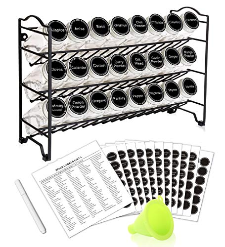 SWOMMOLY Spice Rack Organizer with 24 Empty Square Spice Jars, 396 Spice Labels with Chalk Marker and Funnel Complete Set, for Countertop, Cabinet or Wall Mount, Black