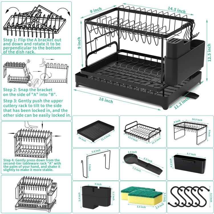 Dish Drying Rack,Dish Rack for Kitchen Counter,2 Tier Large Dish Drying Rack with Drainboard Stainless Steel Dish Drainer with Drainage Utensil Holder for Dish/Knifes/Cup/Cutting Board(16*11*12.5 IN)