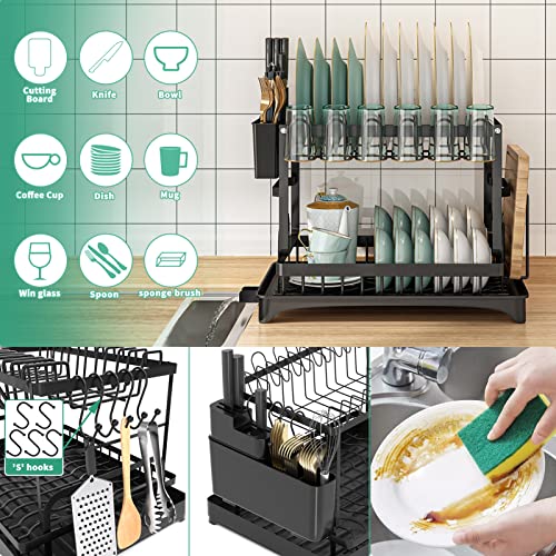 Dish Drying Rack,Dish Rack for Kitchen Counter,2 Tier Large Dish Drying Rack with Drainboard Stainless Steel Dish Drainer with Drainage Utensil Holder for Dish/Knifes/Cup/Cutting Board(16*11*12.5 IN)