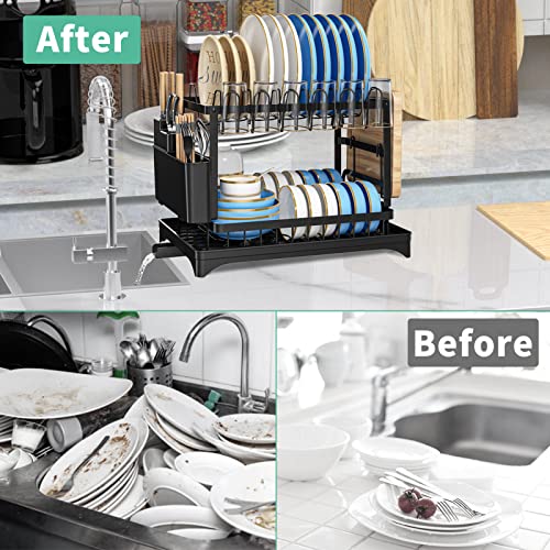 Dish Drying Rack,Dish Rack for Kitchen Counter,2 Tier Large Dish Drying Rack with Drainboard Stainless Steel Dish Drainer with Drainage Utensil Holder for Dish/Knifes/Cup/Cutting Board(16*11*12.5 IN)