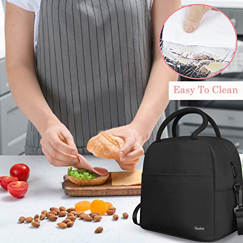 Naukay Large Lunch Bag Insulated Lunch Box for Women and Men, Light Durable Tote Bag with Adjustable Shoulder Strap for Office Work School Picnic Hiking Beach Fishing-(Black)