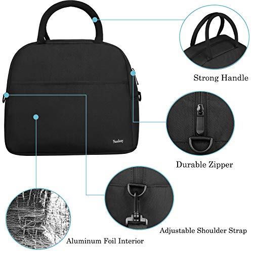 Naukay Large Lunch Bag Insulated Lunch Box for Women and Men, Light Durable Tote Bag with Adjustable Shoulder Strap for Office Work School Picnic Hiking Beach Fishing-(Black)