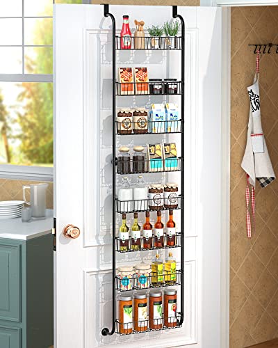 TIMEBAL 8 Tier Over the Door Pantry Organizer, Over the Door Organizer and Storage Rack with 8 Full Baskets, Metal Hanging & Wall Mounted Kitchen Storage Spice Rack, Bathroom Over Door Organizer-Black