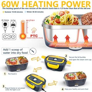 Electric Lunch Box, 60W Food Warmer, Heated Lunch Boxes for Adults, Heating Lunch Box for Work, Support 12V/24V/110V for Truck/Car/Work/Home, 304 Stainless Steel Container, Fork/Spoon/Knives, 1.5 L