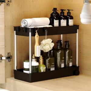 under sink organizer, 2 tier under bathroom cabinet storage, pull out under sink storage rack, under cabinet organizer and storage with hooks, multi-purpose shelf organizer for bathroom/kitchen