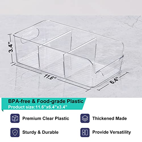 Set of 8, Stackable Clear Bins with Removable Dividers - Food Snack Organizer, Pantry Organization and Storage - Plastic Home Containers - Refrigerator, Fridge, Kitchen Cabinet Organizing Bins