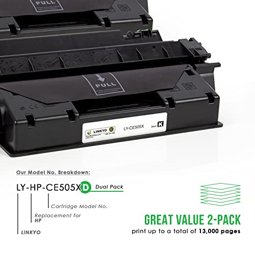 LINKYO Compatible Toner Cartridge Replacement for HP 05X CE505X (Black, High Yield, 2-Pack)