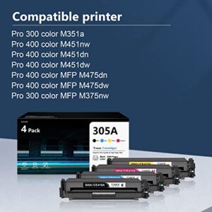 305A Toner Cartridges (4-Pack,Black, Cyan, Magenta, Yellow) - DOEN Compatible CE410A CE411A CE412A CE413A Replacement for HP Pro 300 M351, Pro 300 MFP M375, Pro 400 M451, Pro 400 MFP M475 | CE305AQ1