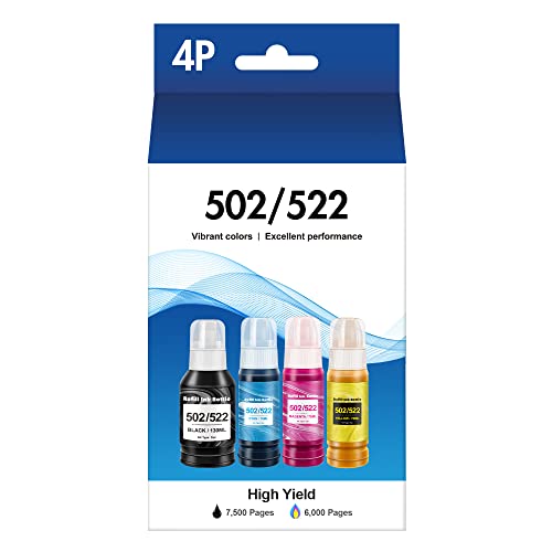 T502 502 T522 522 EcoTank Ink Refill Bottles Ultra-high Capacity Combo Pack for Epson ET-2803 ET-2760 ET-2750 ET-2720 ET-3750 ET-3760 T-4750 ET-4800 ET-15000 ET-2800 ET-2850 ST-4000 (4 Pack)