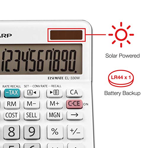 Sharp EL-330WB Standard Function Basic Desktop Calculator, Large Display, For Home and Office, Dual Power, Solar and Battery