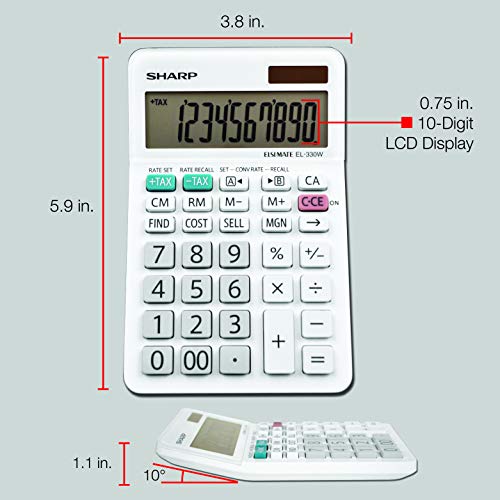 Sharp EL-330WB Standard Function Basic Desktop Calculator, Large Display, For Home and Office, Dual Power, Solar and Battery