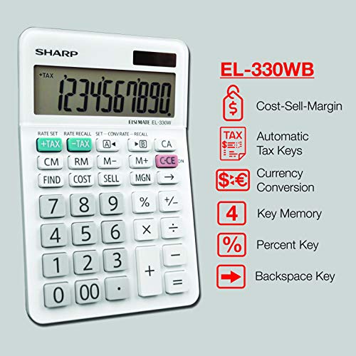 Sharp EL-330WB Standard Function Basic Desktop Calculator, Large Display, For Home and Office, Dual Power, Solar and Battery