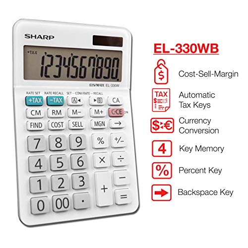 Sharp EL-330WB Standard Function Basic Desktop Calculator, Large Display, For Home and Office, Dual Power, Solar and Battery