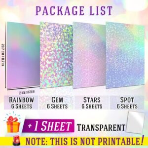 Koala Holographic Laminate Sheets A4 Clear Holographic Sticker Paper 25 Sheets Self Adhesive Transparent Waterproof Holographic Overlay for Sticker Paper - Gem, Dot, Rainbow, Star Patterns