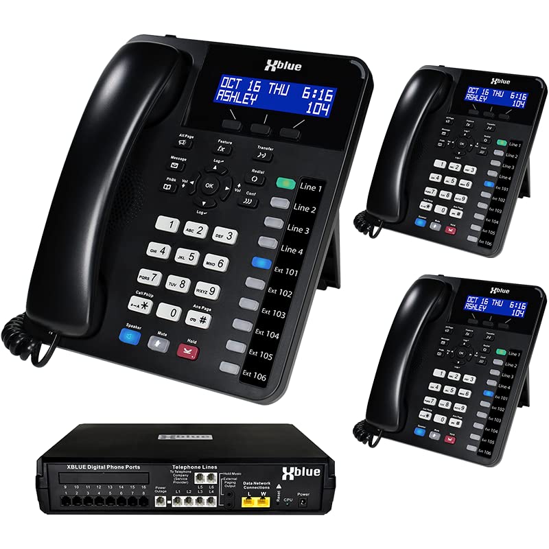 XBLUE X16 Plus Small Business Phone System Bundle with (3) XD10 Digital Phones - Capacity is (6) Outside Line & (16) Digital Phones - Includes Auto Attendant, Voicemail, Caller ID, Paging & Intercom