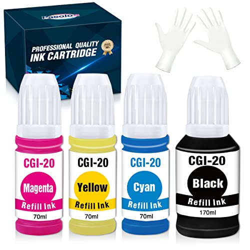 Paeolos Compatible Refill Ink Bottle Replacements for Canon GI20 GI 20 GI-20 Pigment Work for Canon PIXMA G6020 G7020 G5020 MegaTank Printers, 4 Bottles (Black, Cyan, Magenta, Yellow)