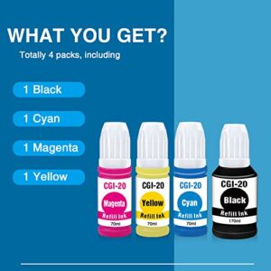 Paeolos Compatible Refill Ink Bottle Replacements for Canon GI20 GI 20 GI-20 Pigment Work for Canon PIXMA G6020 G7020 G5020 MegaTank Printers, 4 Bottles (Black, Cyan, Magenta, Yellow)