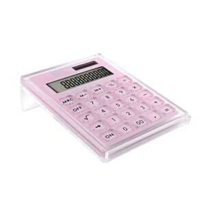 exputran acrylic calculator with stand, battery and solar hybrid powered basic calculator 12-digit lcd display,home office desktop accessories(pink)