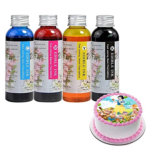 Topwang 4 Colors 100ML/Bottle Food Grade Bakey Ink refillable for Canon PGI-250 PGI270 PGI-280 Ink Cartridges Ca ke Ink C AKE Maker Print on Sugar Paper/Frosting Icing Sheet, Black,Cyan,Mageta,Yellow