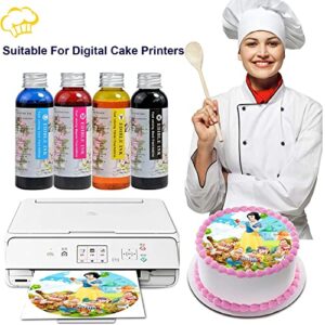 Topwang 4 Colors 100ML/Bottle Food Grade Bakey Ink refillable for Canon PGI-250 PGI270 PGI-280 Ink Cartridges Ca ke Ink C AKE Maker Print on Sugar Paper/Frosting Icing Sheet, Black,Cyan,Mageta,Yellow