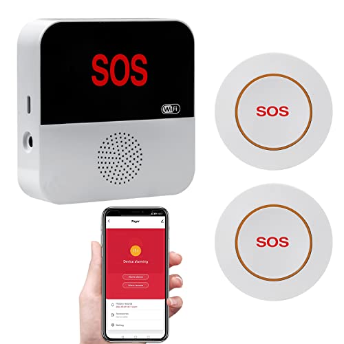 Caregiver Pager Wireless, Shinmax WiFi Smart APP Nurse Emergency Life Alert System Call Button for Elderly/Home/Patients/Disabled/School 1 Receiver+2 SOS Call Buttons (2.4GHz Wi-Fi Only)