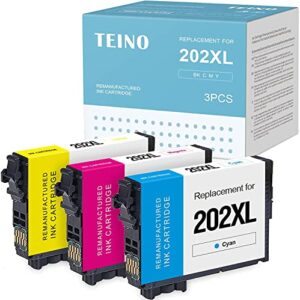 teino remanufactured ink cartridge replacement for epson 202xl 202 t202 use with epson expression home xp-5100 workforce wf-2860 (cyan, magenta, yellow, 3-pack )