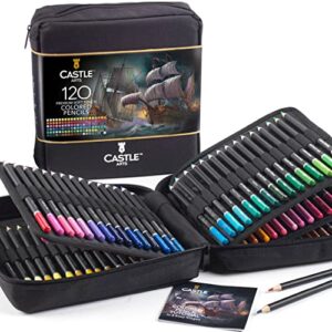 castle art supplies 120 colored pencils zipper-case set | quality soft core colored leads for adult artists, professionals and colorists | in neat, strong carry-anywhere zipper case