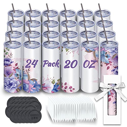 Sublimation Tumblers bulk 20 oz Skinny, 24 Pack Stainless Steel Double Wall Insulated Straight Sublimation Tumbler Cups Blank White with Lid, Straw, Individually Box,Polymer Coating for Heat Transfer