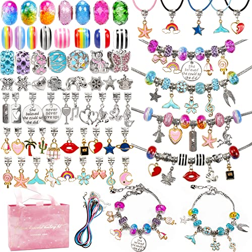 AMAZING TIME 130 Pieces DIY Charm Bracelet Making Kit Including Jewelry Beads, Snake Chains for Girls Teens Age 8-12 Unicorn Mermaid Gifts Christmas Stocking Stuffer