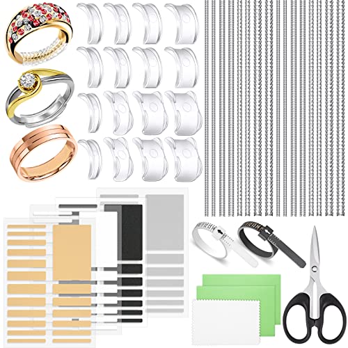 100 Pcs Ring Size Adjuster with Ring Size Measuring Tool for Loose Rings, Plug-in Invisible Ring Spiral Silicone Tightener EVA Foam Ring Size Adjuster Set with Polishing Cloth Fit Any Rings Sizes.