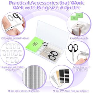 100 Pcs Ring Size Adjuster with Ring Size Measuring Tool for Loose Rings, Plug-in Invisible Ring Spiral Silicone Tightener EVA Foam Ring Size Adjuster Set with Polishing Cloth Fit Any Rings Sizes.