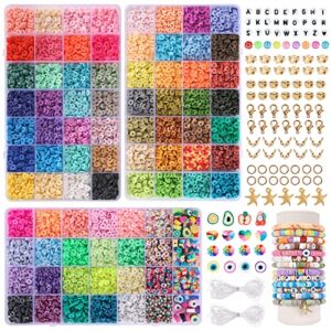 quefe 12000pcs clay beads bracelet making kit, 80 colors flat clay heishi beads polymer clay beads with letter beads, fruit flower clay beads and smiley beads for jewelry bracelet necklace making