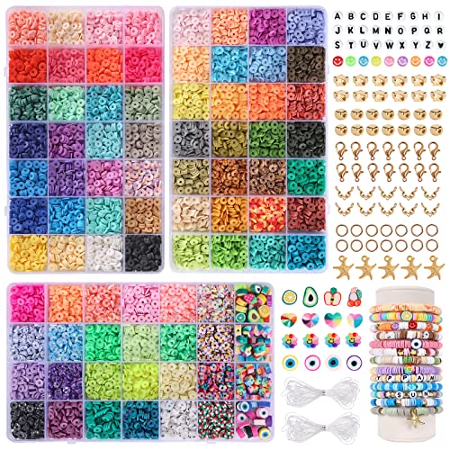 QUEFE 12000pcs Clay Beads Bracelet Making Kit, 80 Colors Flat Clay Heishi Beads Polymer Clay Beads with Letter Beads, Fruit Flower Clay Beads and Smiley Beads for Jewelry Bracelet Necklace Making