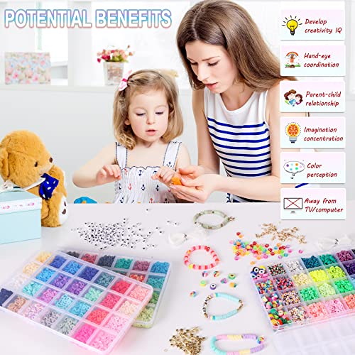 QUEFE 12000pcs Clay Beads Bracelet Making Kit, 80 Colors Flat Clay Heishi Beads Polymer Clay Beads with Letter Beads, Fruit Flower Clay Beads and Smiley Beads for Jewelry Bracelet Necklace Making