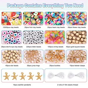 QUEFE 12000pcs Clay Beads Bracelet Making Kit, 80 Colors Flat Clay Heishi Beads Polymer Clay Beads with Letter Beads, Fruit Flower Clay Beads and Smiley Beads for Jewelry Bracelet Necklace Making