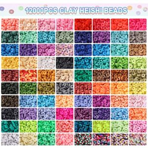 QUEFE 12000pcs Clay Beads Bracelet Making Kit, 80 Colors Flat Clay Heishi Beads Polymer Clay Beads with Letter Beads, Fruit Flower Clay Beads and Smiley Beads for Jewelry Bracelet Necklace Making