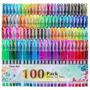 glitter gel pens, 100 color glitter pen set for making cards, 30% more ink neon glitter gel marker for adult coloring books, journaling crafting doodling drawing