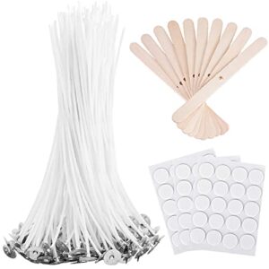 bulk candle wicks 100 pcs with 60pcs candle wick stickers and 10 pcs wooden candle wick centering device for soy beeswax candle making (6inch)