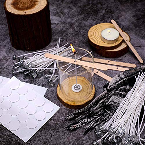 Bulk Candle Wicks 100 Pcs with 60Pcs Candle Wick Stickers and 10 Pcs Wooden Candle Wick Centering Device for Soy Beeswax Candle Making (6inch)