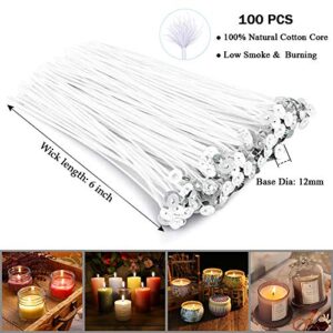 Bulk Candle Wicks 100 Pcs with 60Pcs Candle Wick Stickers and 10 Pcs Wooden Candle Wick Centering Device for Soy Beeswax Candle Making (6inch)