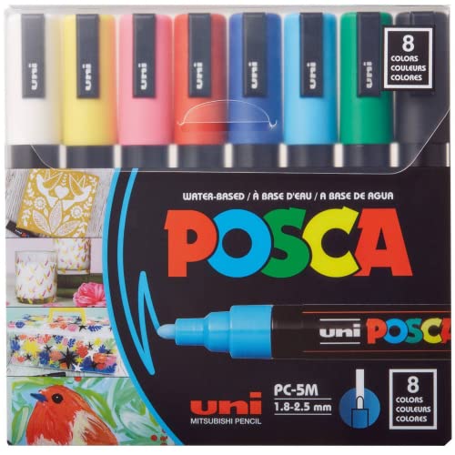 Posca Full Set of 8 Acrylic Paint Pens with Reversible Medium Point Pen Tips, Posca Pens are Acrylic Paint Markers for Rock Painting, Fabric, Glass Paint, Metal Paint, and Graffiti