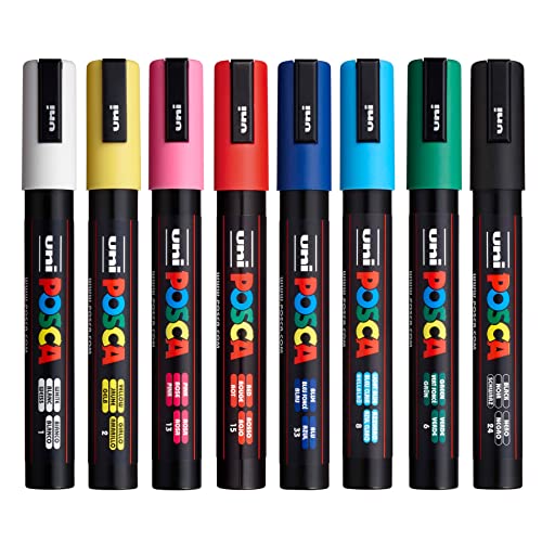 Posca Full Set of 8 Acrylic Paint Pens with Reversible Medium Point Pen Tips, Posca Pens are Acrylic Paint Markers for Rock Painting, Fabric, Glass Paint, Metal Paint, and Graffiti