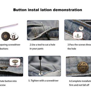 12 Pcs Button for Sewing Metal Jeans ,ICEYLI 17 mm No-Sew Nailess Removable Metal Jeans Buttons Replacement Repair Combo Thread Rivets and Screwdrivers