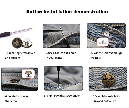 12 Pcs Button for Sewing Metal Jeans ,ICEYLI 17 mm No-Sew Nailess Removable Metal Jeans Buttons Replacement Repair Combo Thread Rivets and Screwdrivers