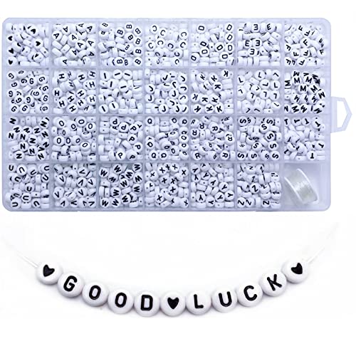 Amaney 1400 Pieces 4x7mm White Round Acrylic Alphabet Letter Beads A-Z Heart Pattern Beads and Crystal Line for Jewelry Making Bracelets Necklaces Key Chains