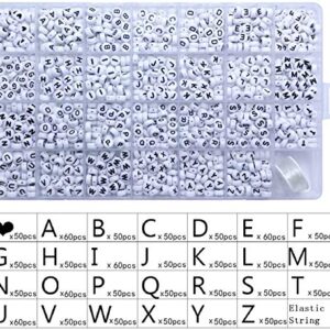 Amaney 1400 Pieces 4x7mm White Round Acrylic Alphabet Letter Beads A-Z Heart Pattern Beads and Crystal Line for Jewelry Making Bracelets Necklaces Key Chains