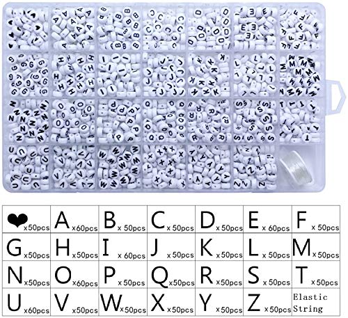 Amaney 1400 Pieces 4x7mm White Round Acrylic Alphabet Letter Beads A-Z Heart Pattern Beads and Crystal Line for Jewelry Making Bracelets Necklaces Key Chains