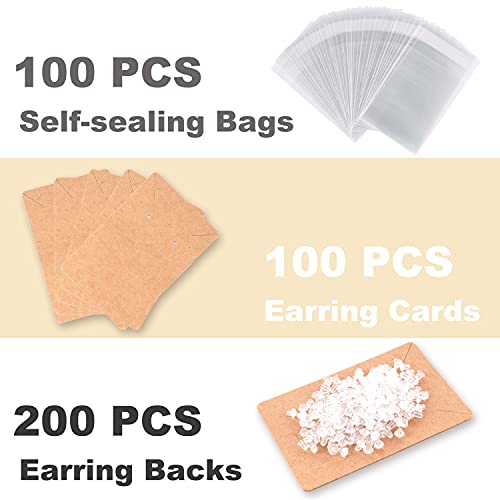 Earring Cards, Set Earring Display Cards with 100 Pcs Earring Holder Cards 200 Pcs Earring Backs and 100 Jewelry Packaging for Earrings Necklace Jewelry Display, Jewelry Bags 3.5x2.4 Inches (Brown)